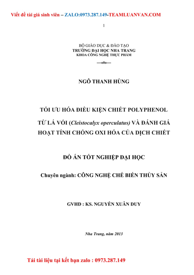 Tối ưu hóa điều kiện chiết polyphenol từ lá vối (cleistocalyxoperculatus) và đánh giá hoạt tính ...