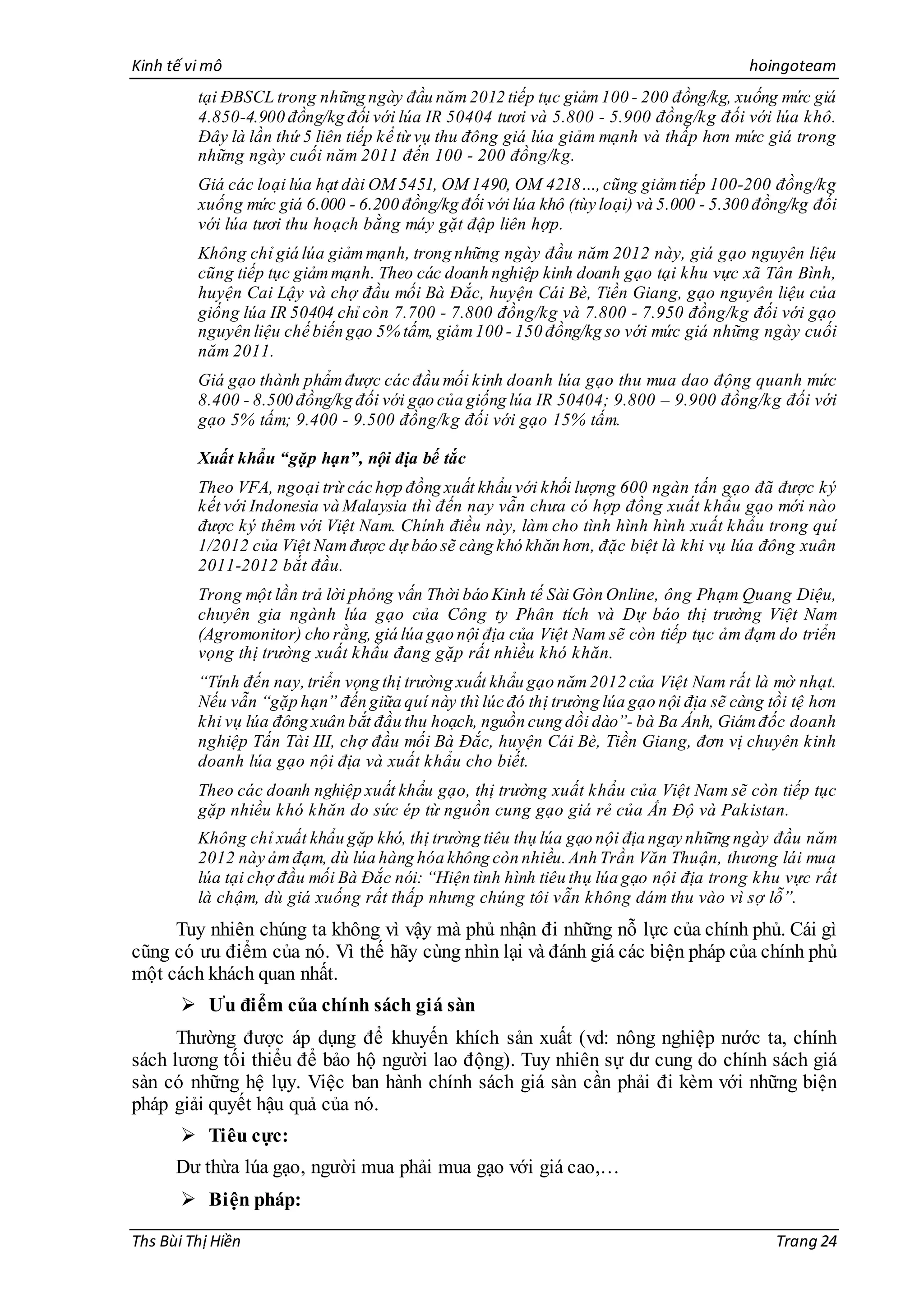 Tiểu luận kinh tế vi mô cung cầu của lúa gạo và chính sách giá của chính phủ | DOCX