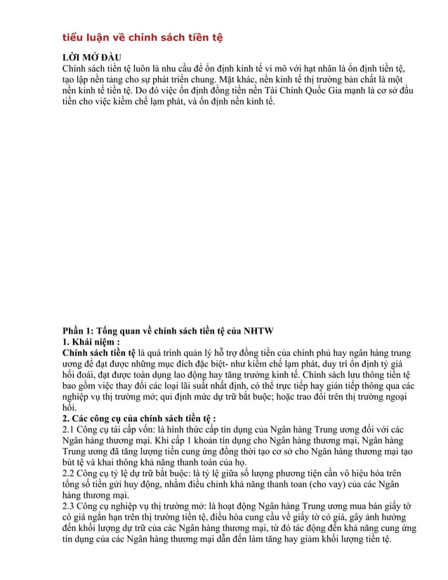 Tiểu luận về chính sách tiền tệ | DOC