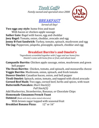 Tivoli Caffe menu | PDF