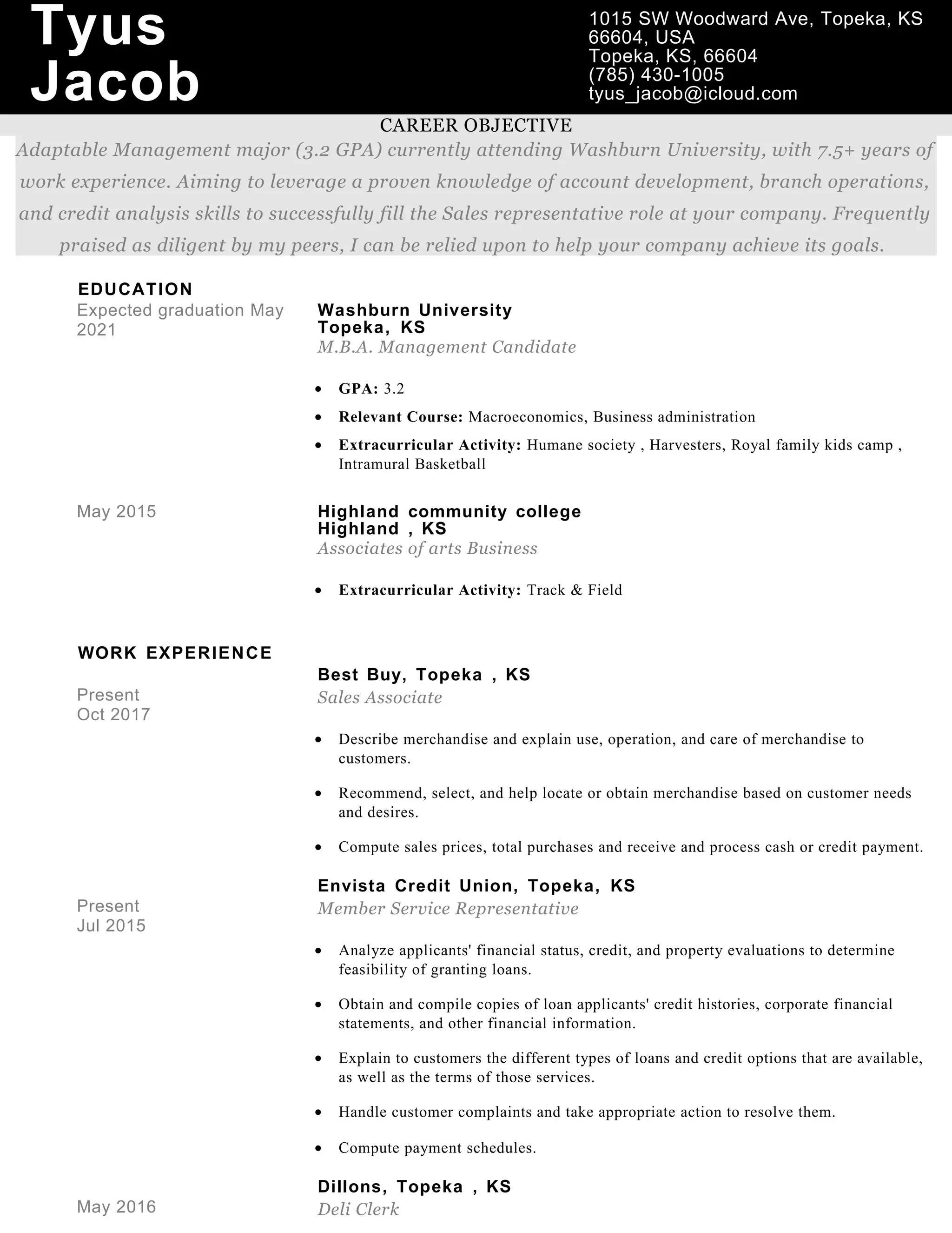 Tyus Jacob Resume | DOC | Business Administration | Business