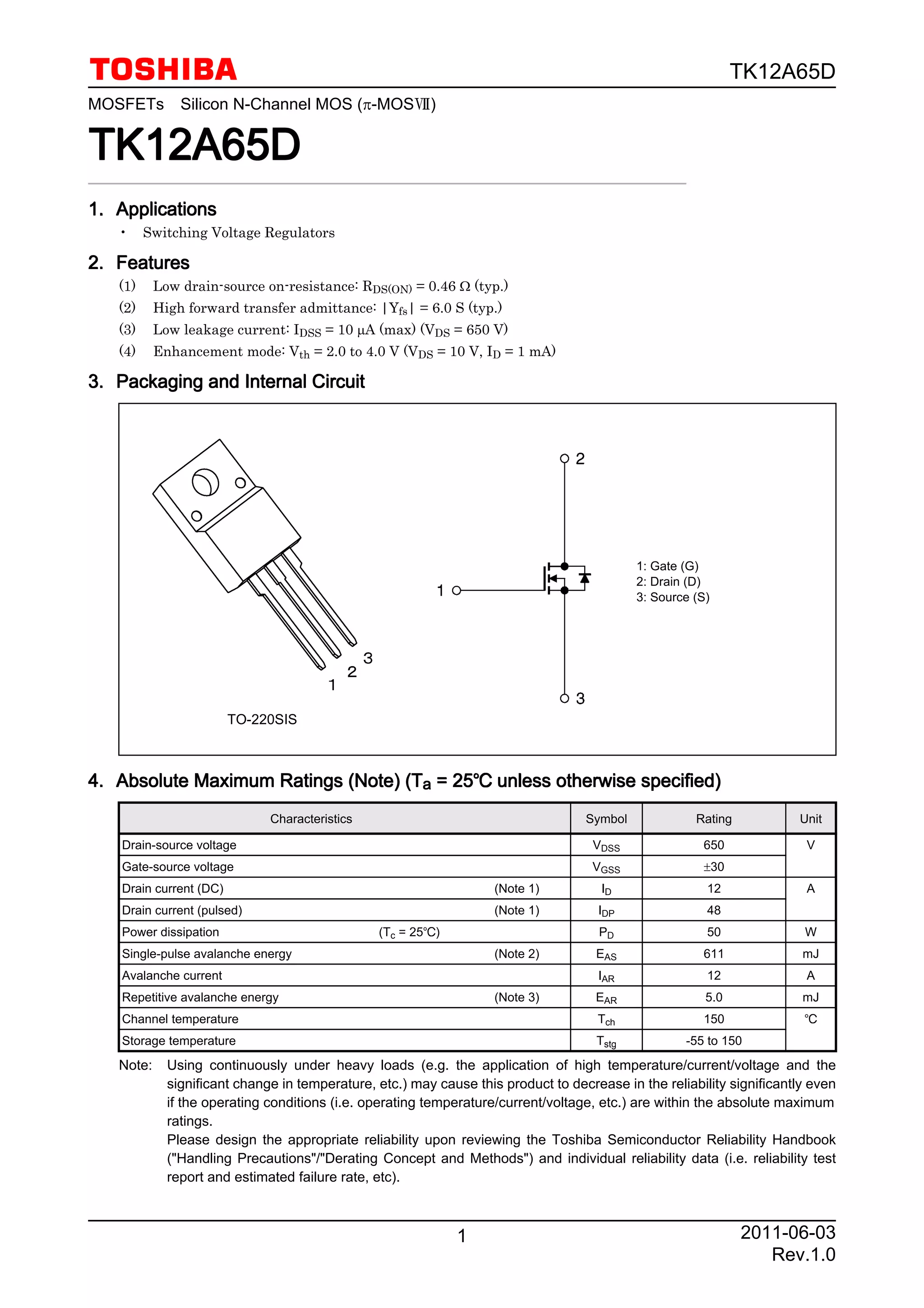 Original N-Channel Mosfet TK12A65D K12A65D 12A65 TO-220F New Toshiba | PDF
