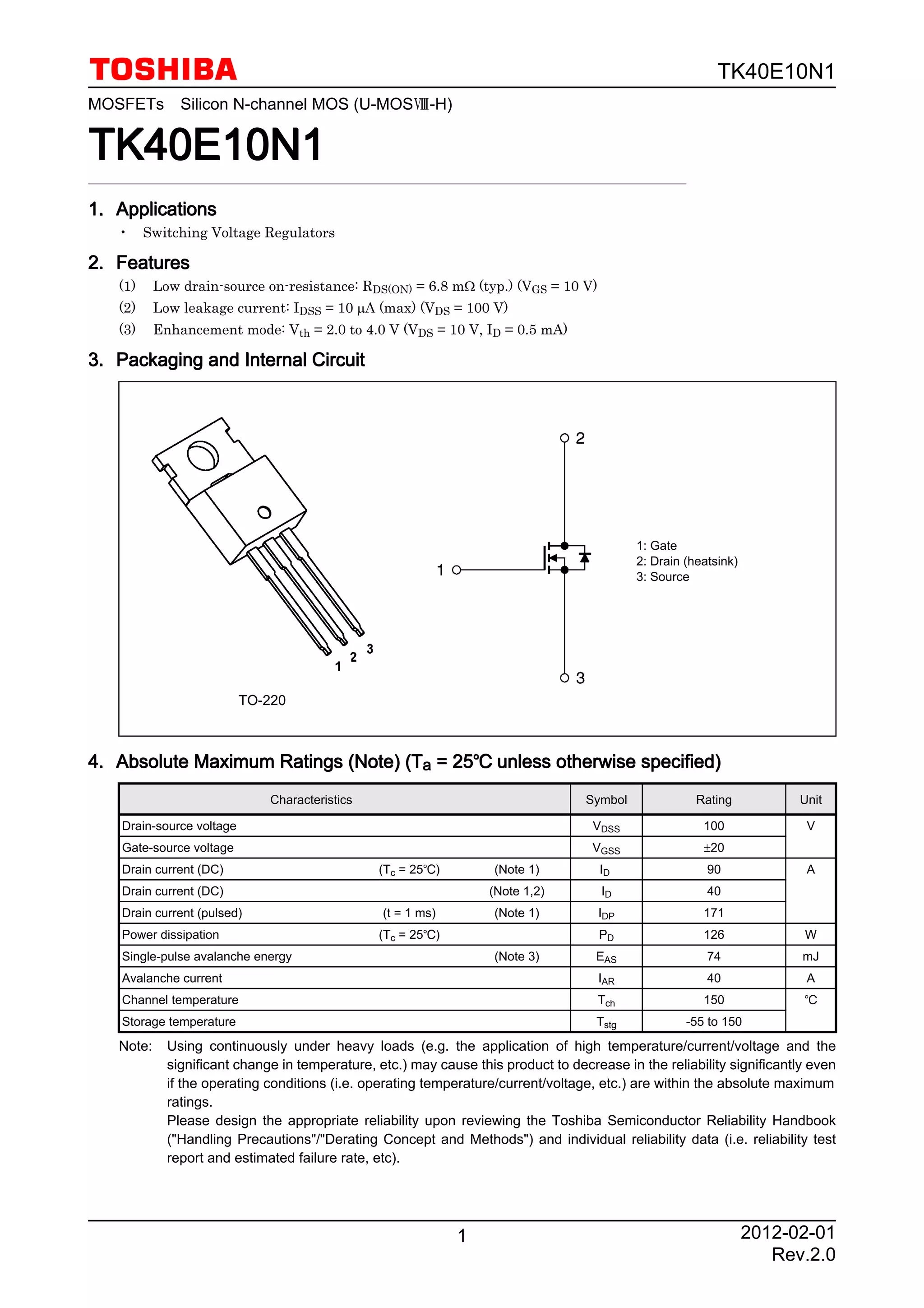 Original Switching Voltage Regulators Mosfet N TK40E10N1 K40E10 100V ...