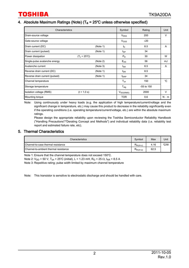 Original N-Channel Mosfet TK9A20DA K9A20DA 9A20D 200V 8.5A TO-220 New Toshiba | PDF | Consumer ...