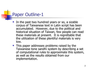 A Study on Implementation of Southern-Min Taiwanese Tone Sandhi System ...
