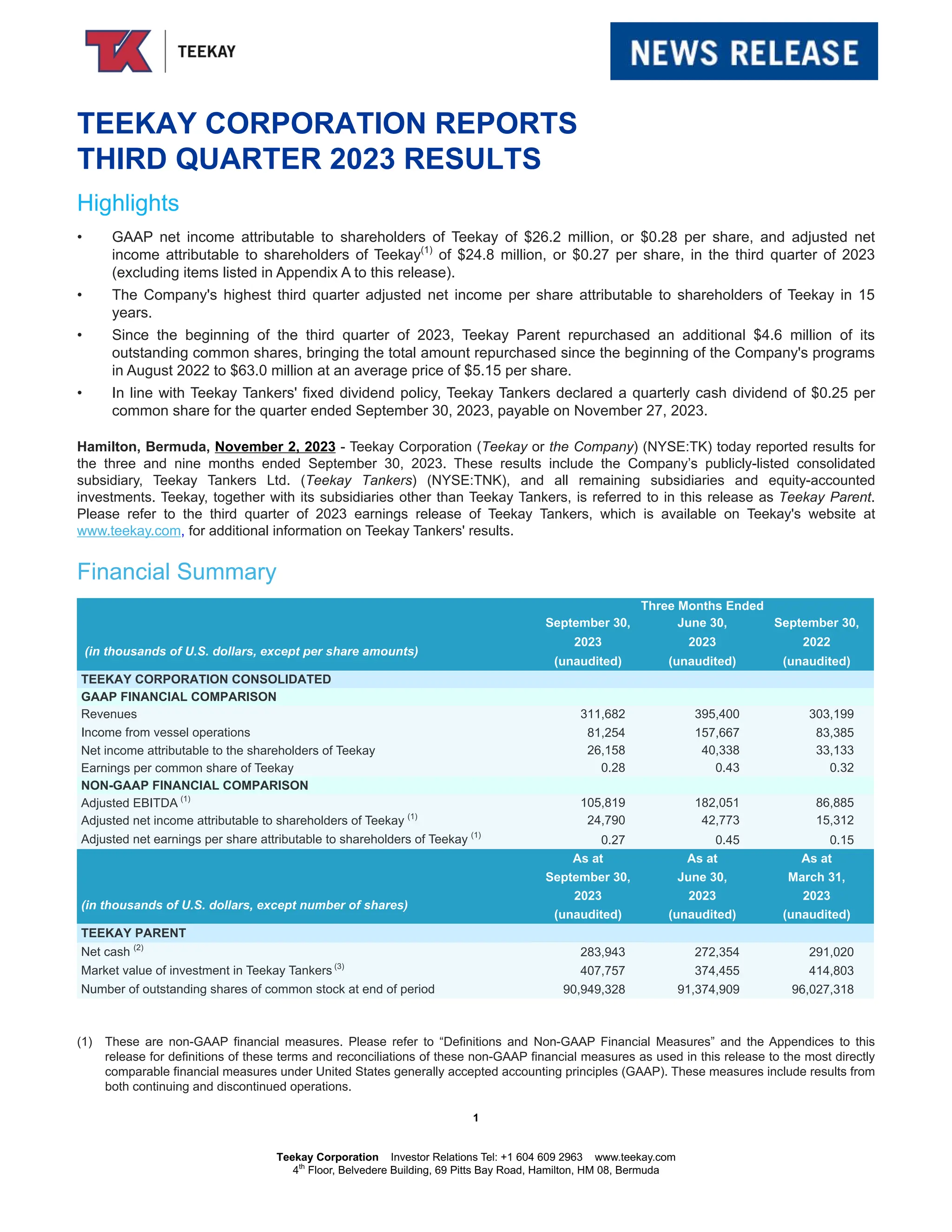 Teekay Corporation Q3-23 ER Document | PDF