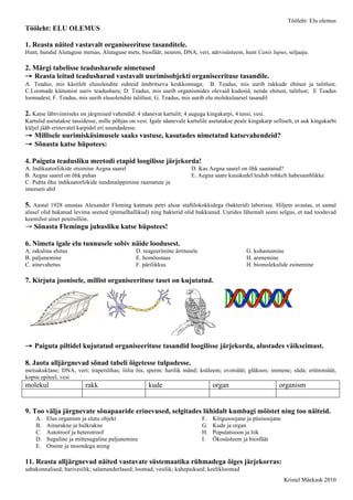 Tööleht: Elu olemus | PDF
