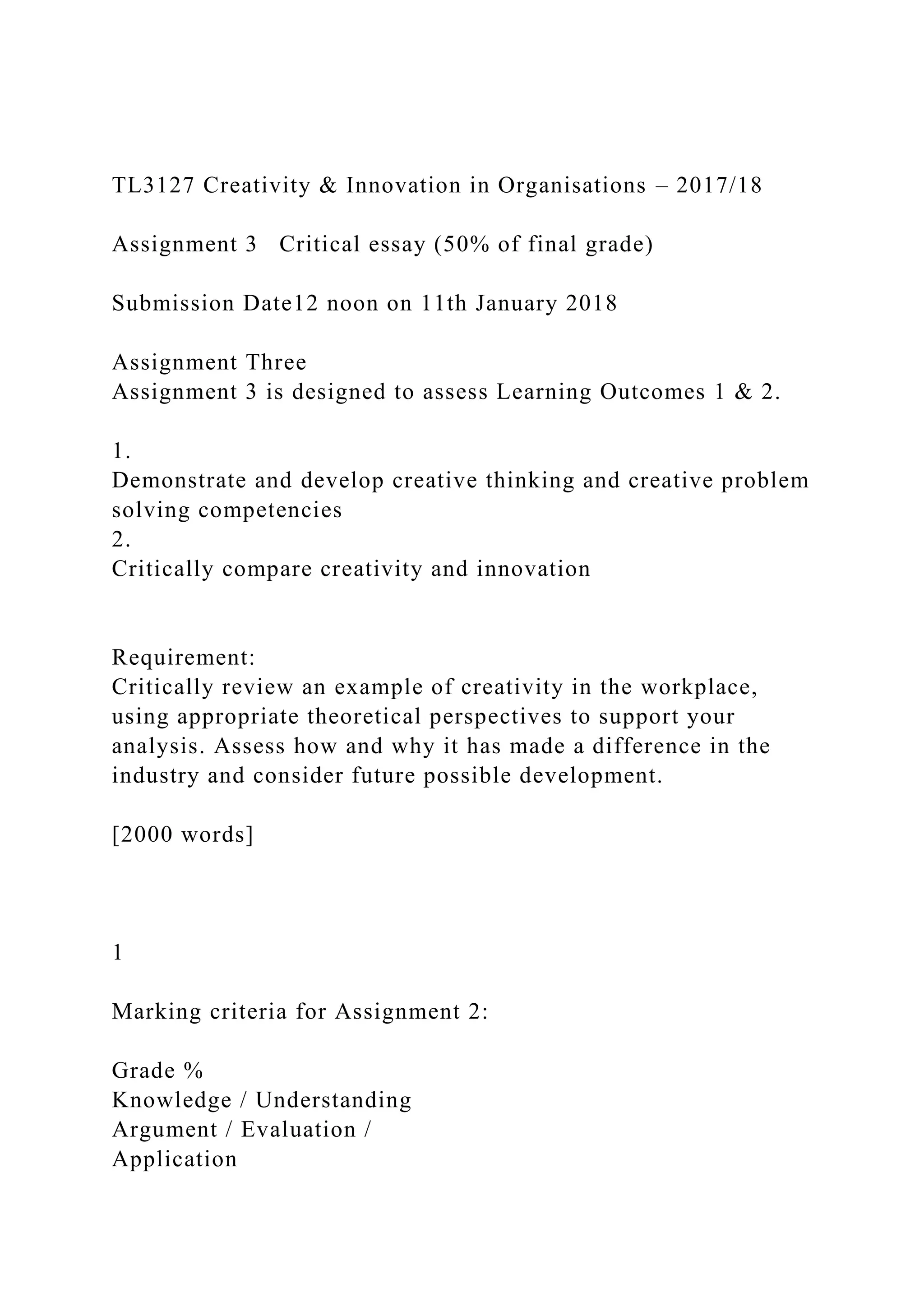 TL3127 Creativity & Innovation in Organisations – 201718Assig.docx