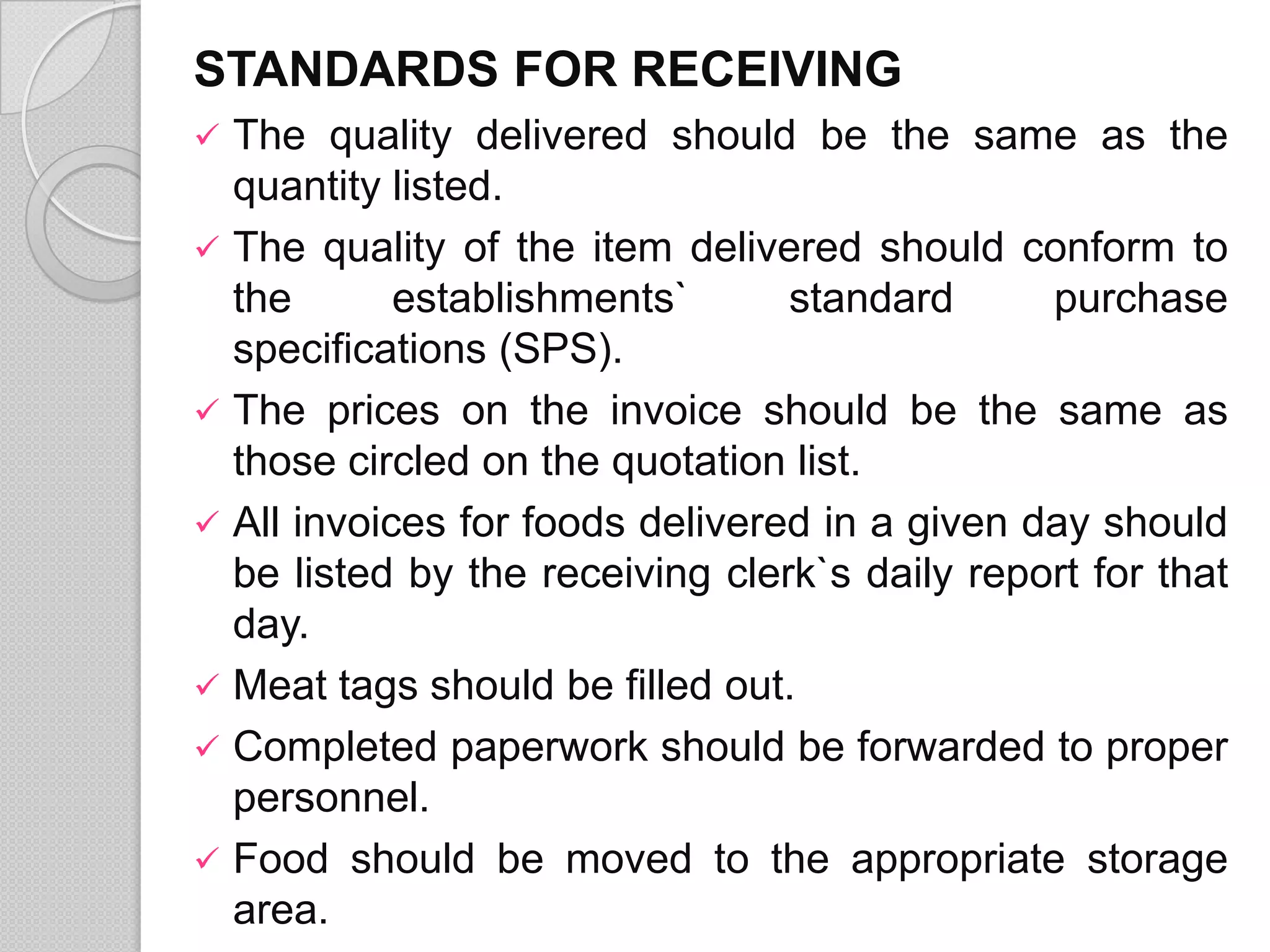 Purchasing, Receiving, and Storing Food | PPTX