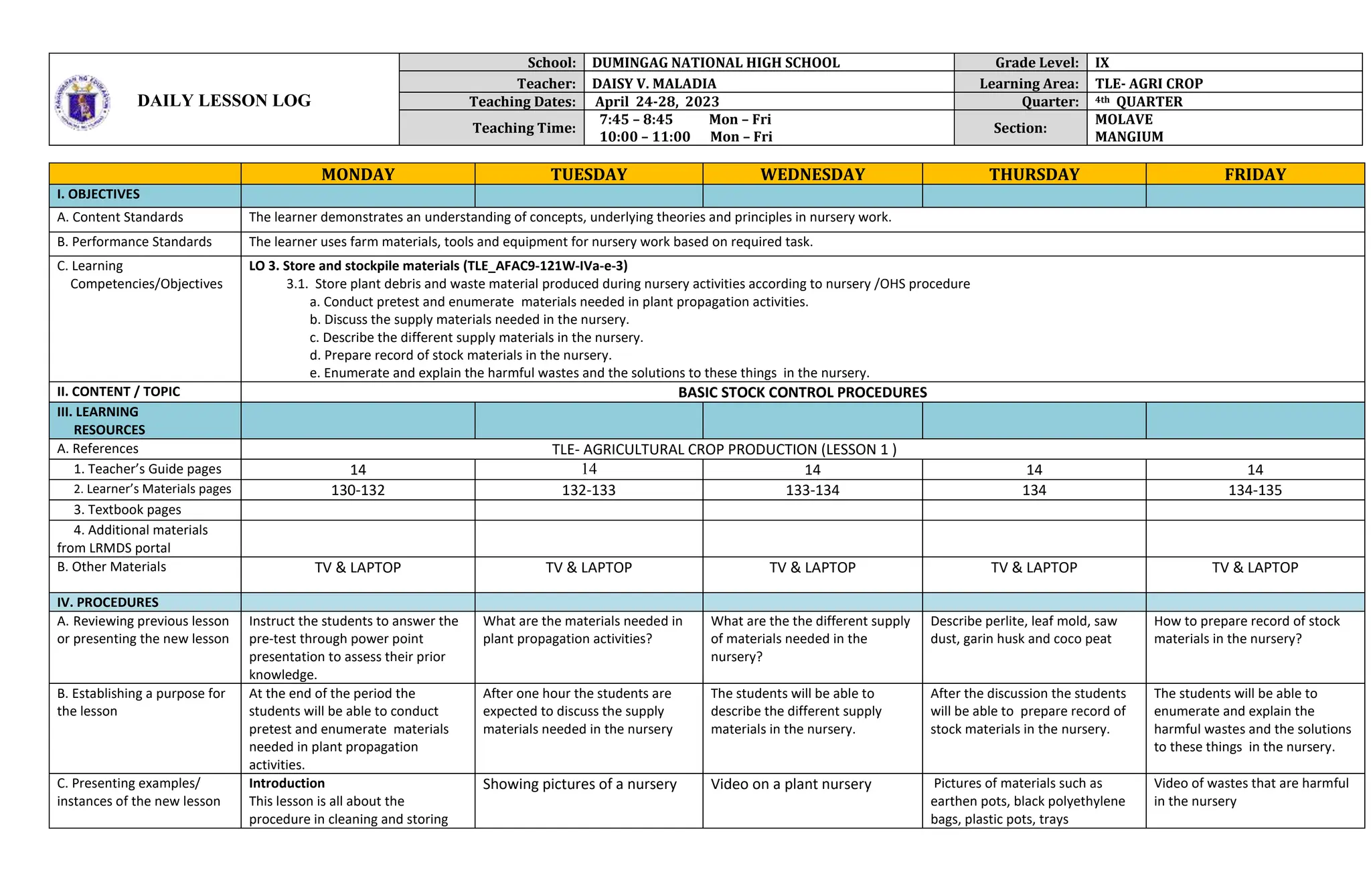 TLE-DLL-Q4-W1.docx..... Tle cookery 9, Fourth Quarter | DOCX
