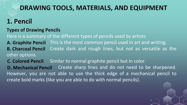 Drawing Tools, Materials, and Equipment | PPTX | Drawing and Sketching ...