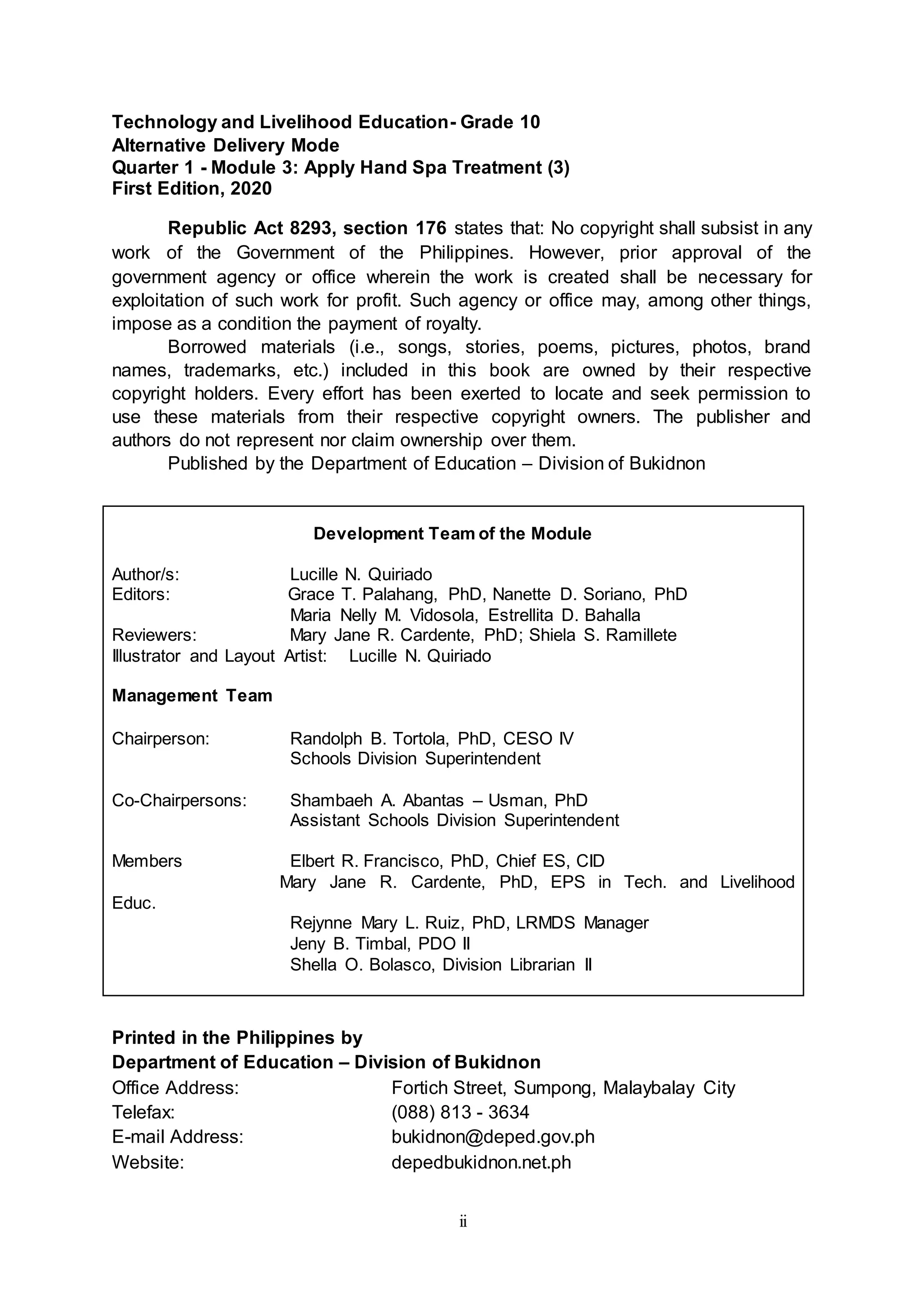 TLE10_HE_BeautyNailCareServices_Q1_M3_ApplyHandTreatment_v3.doc