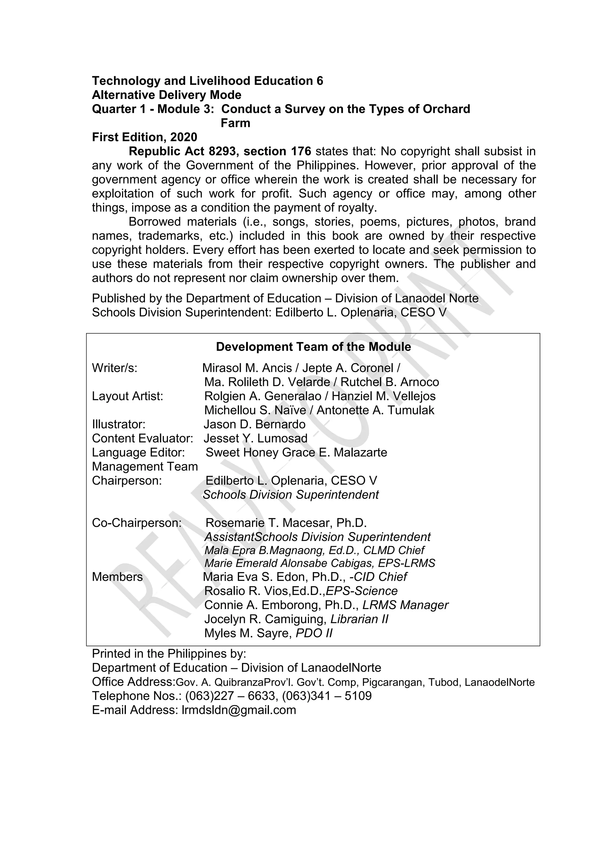 Tle6 q1 mod3_agriculture_conduct_a_surveyonthetypesoforchardfarm_v5 | PDF
