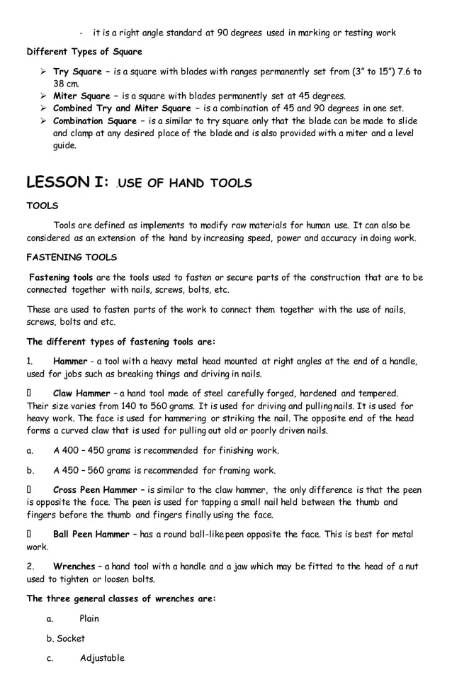 TLE : carpentry and masonry | DOCX | Woodworking | Arts and Crafts