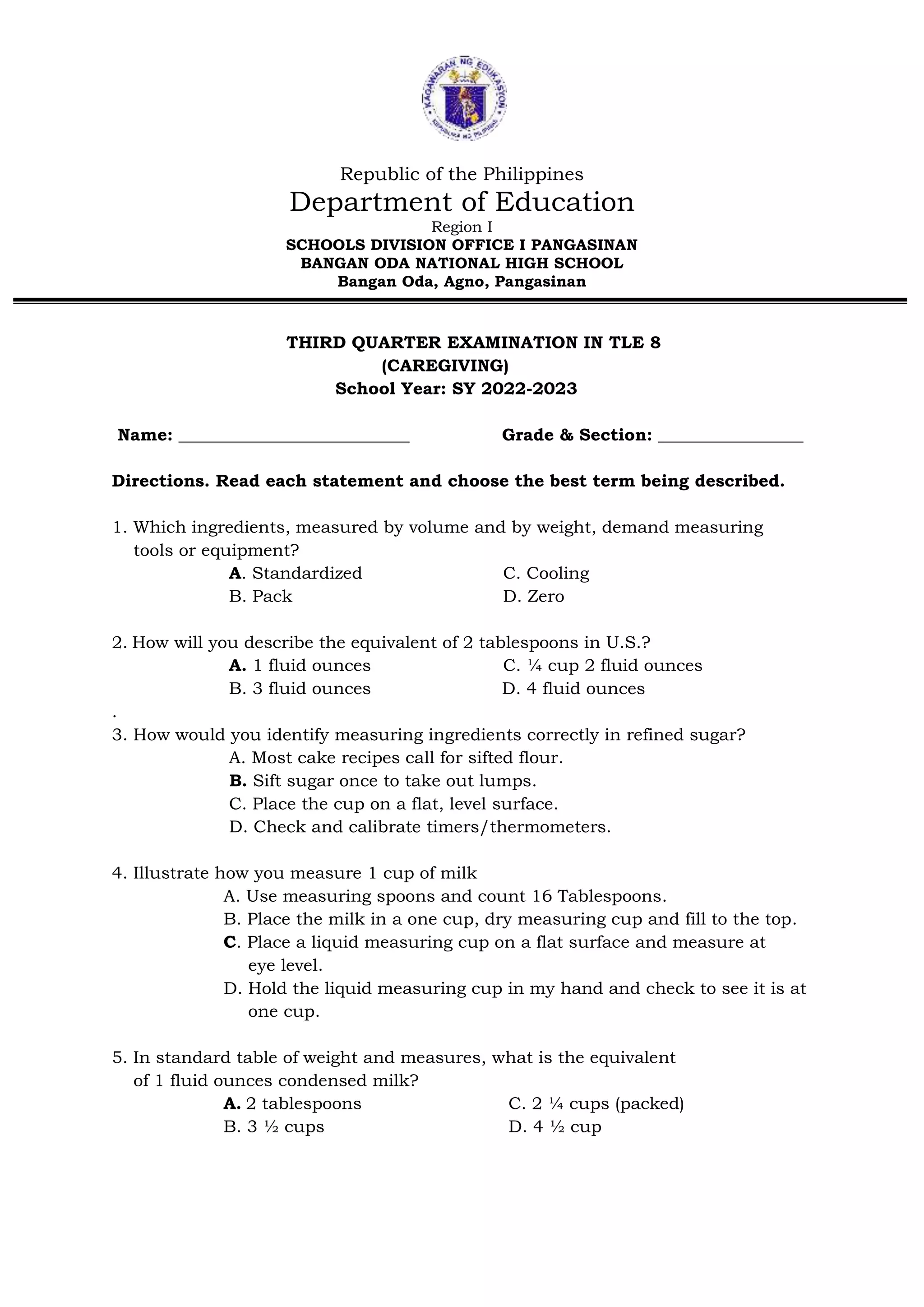 TLE 8 caregiving exam answer key.docx