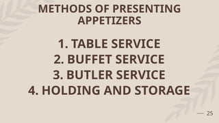 PREPARING APPETIZERS, CLASSIFICATION OF APPETIZERS | PPTX | Desserts and Baking | Food & Drink