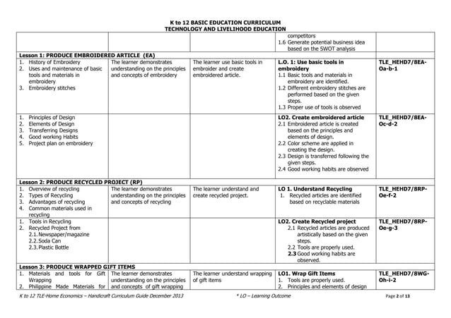 TLE/HE Handicraft Curriculum Guide | PDF