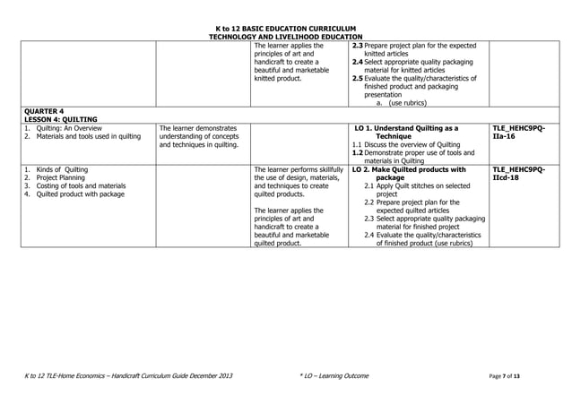 TLE/HE Handicraft Curriculum Guide | PDF