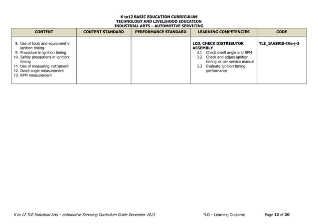 TLE-IA Automotive Servicing Curriculum Guide | PDF