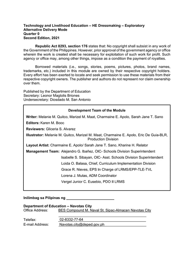 technology and livelihood education DRESSMAKING | PDF