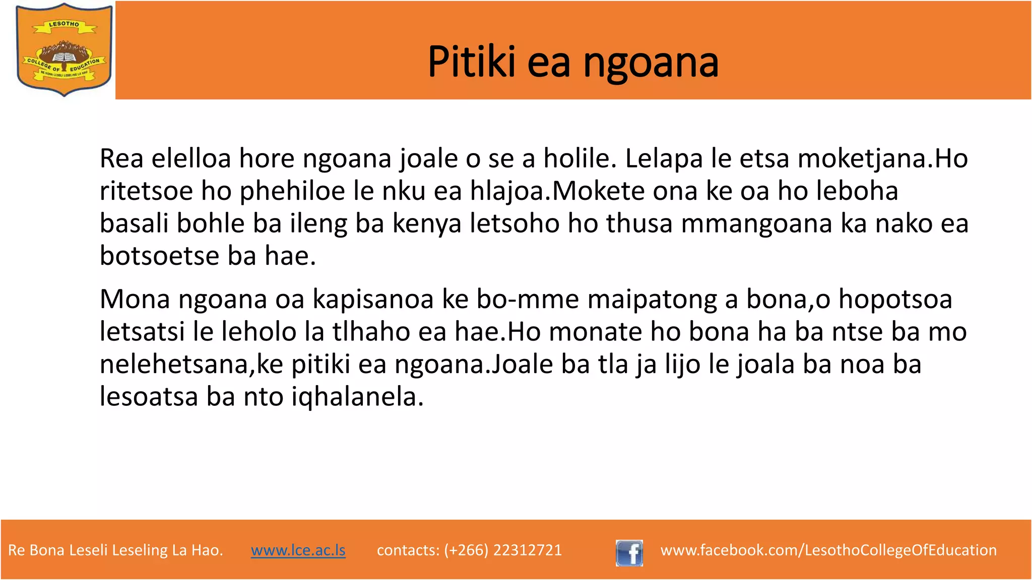 Tlhaho le kholo ea ngoana oa mosotho | PPTX