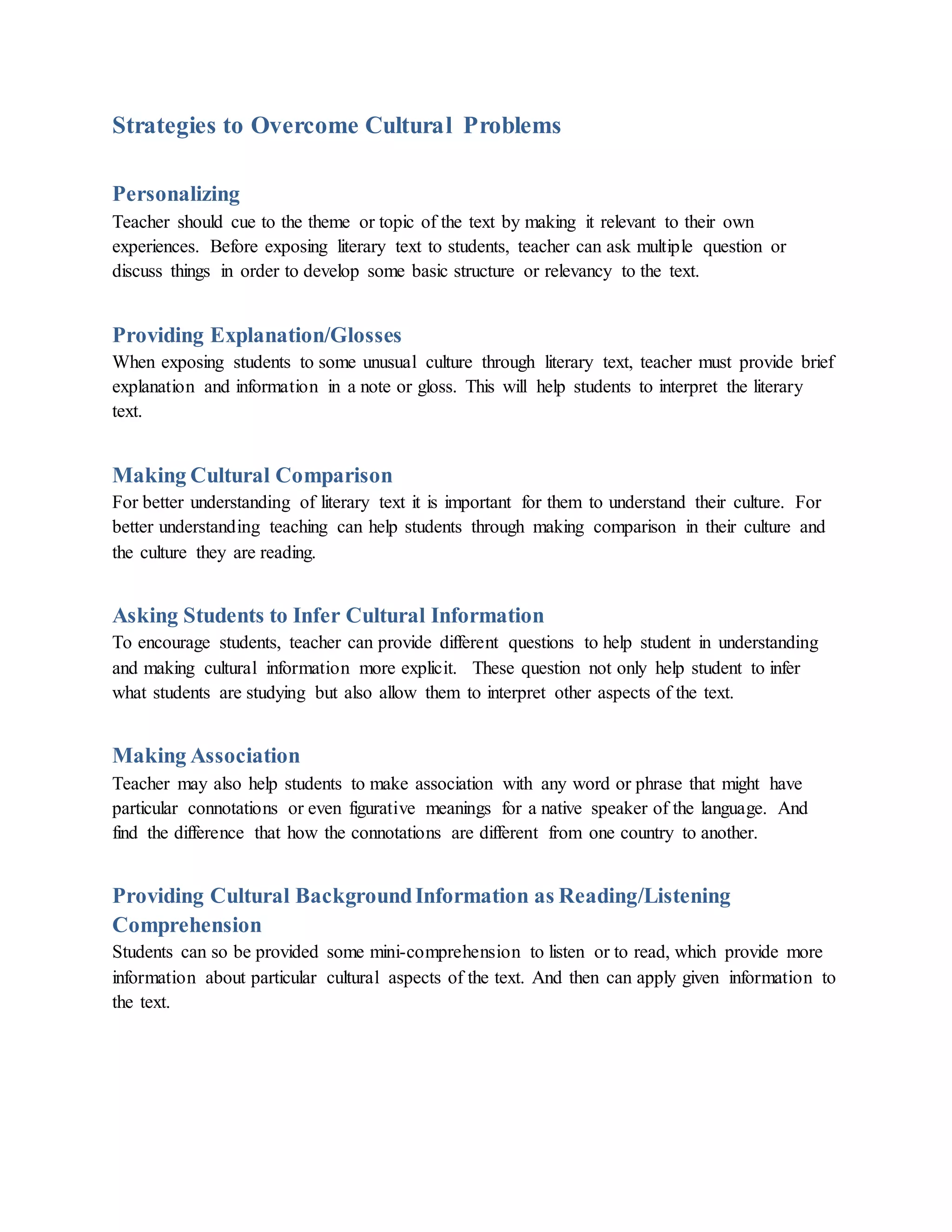 Literature and Culture. Strategies to overcome cultural problems in ...