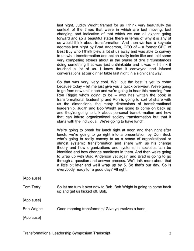 Transformational Leadership Symposium Transcript, Saturday | PDF
