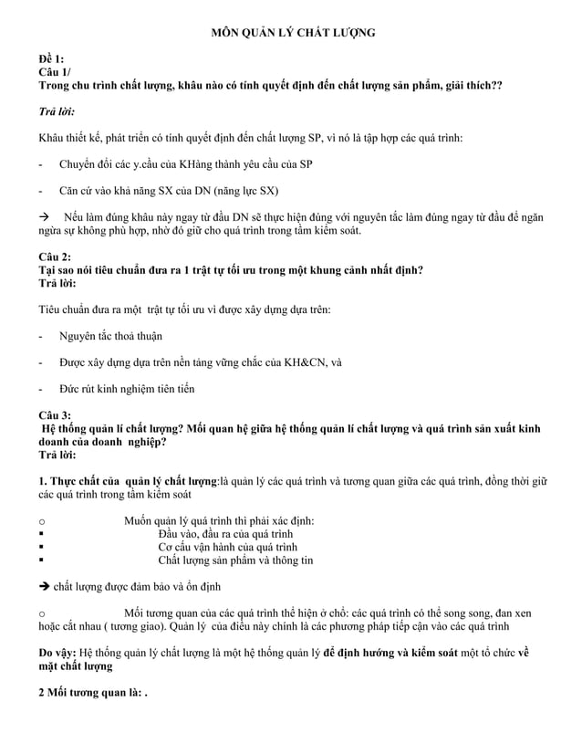 Đề thi Quản trị chất lượng | DOCX