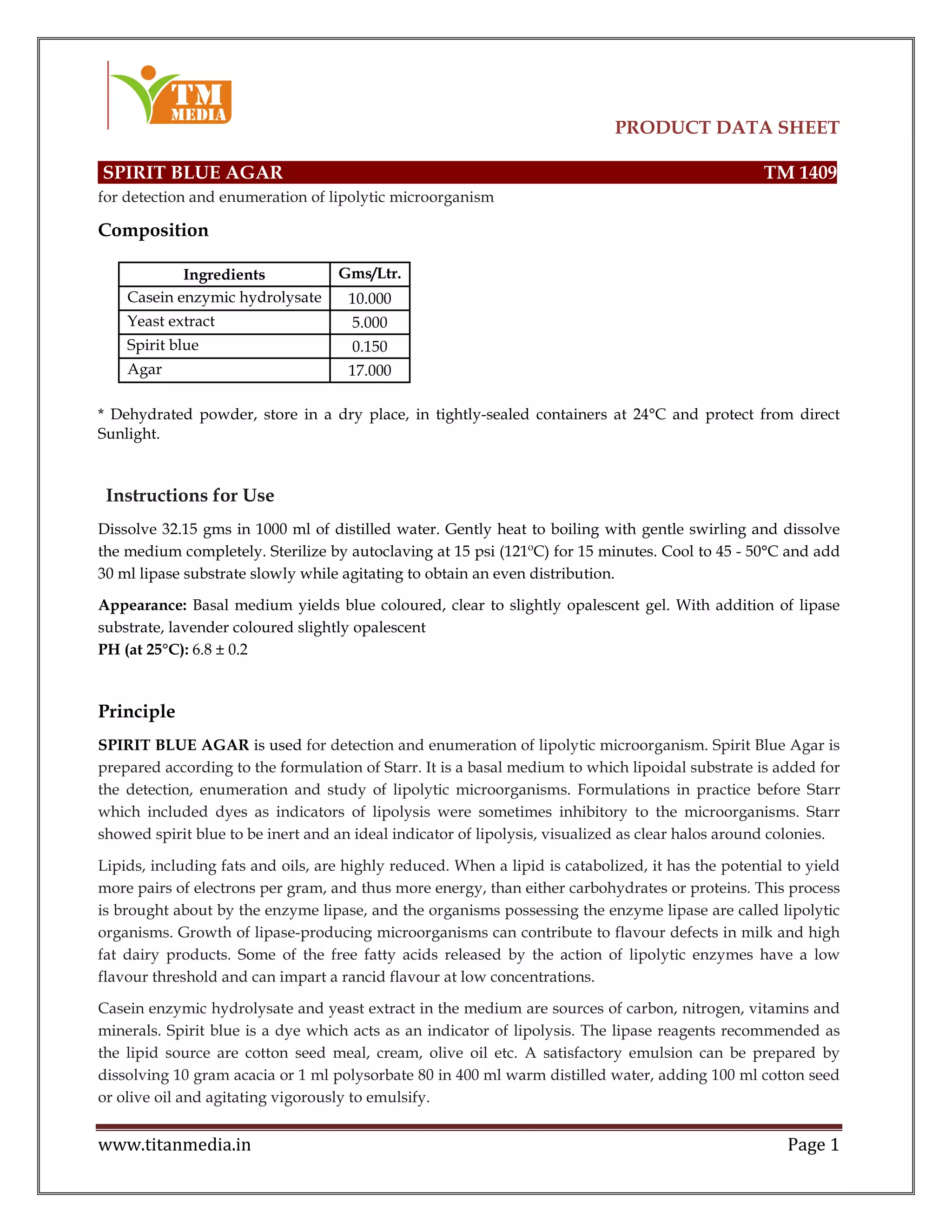 SPIRIT BLUE AGAR is used for detection and enumeration of lipolytic ...