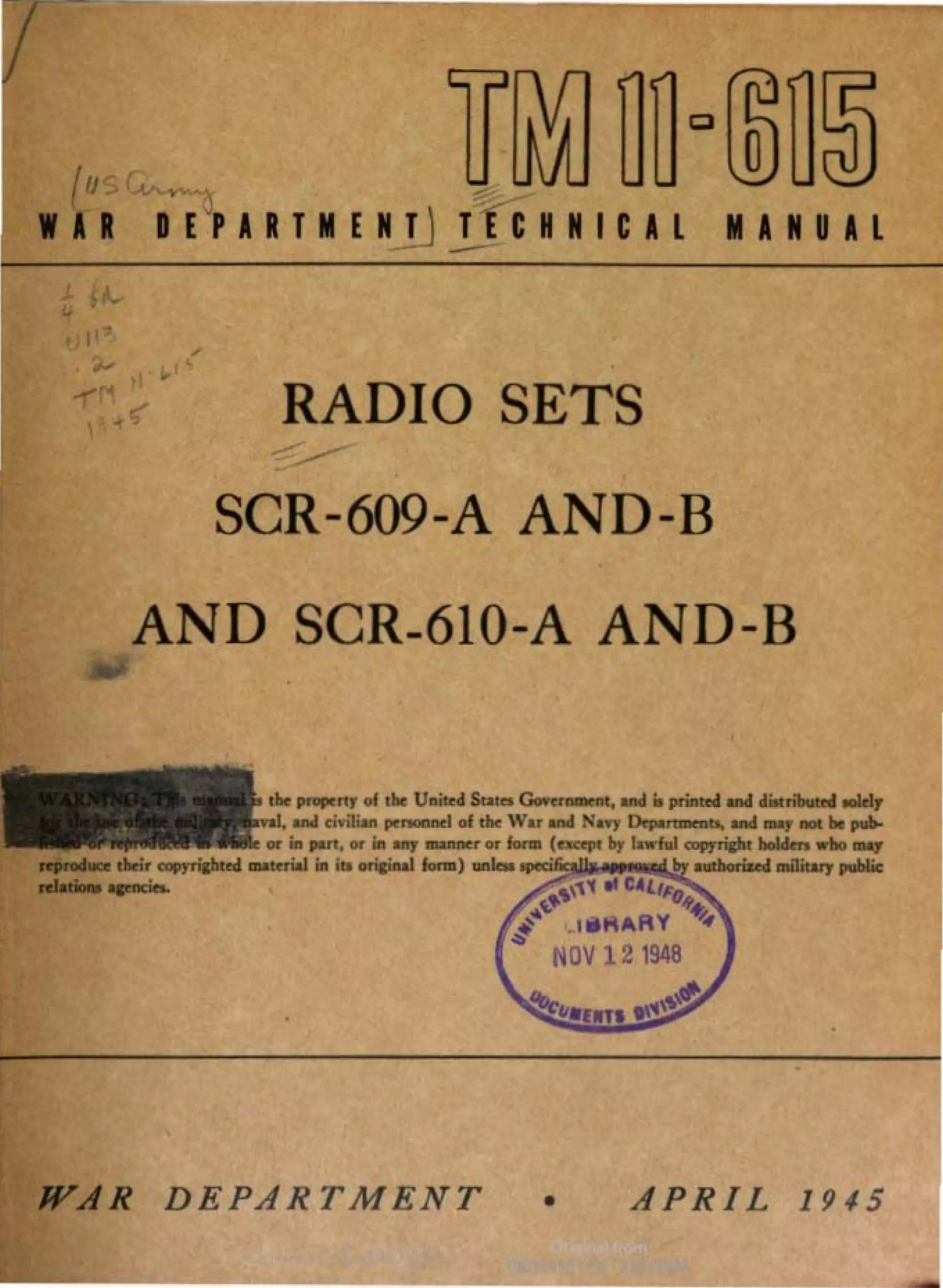 Radio SCR 609 / 610. TM 11-615. | PDF
