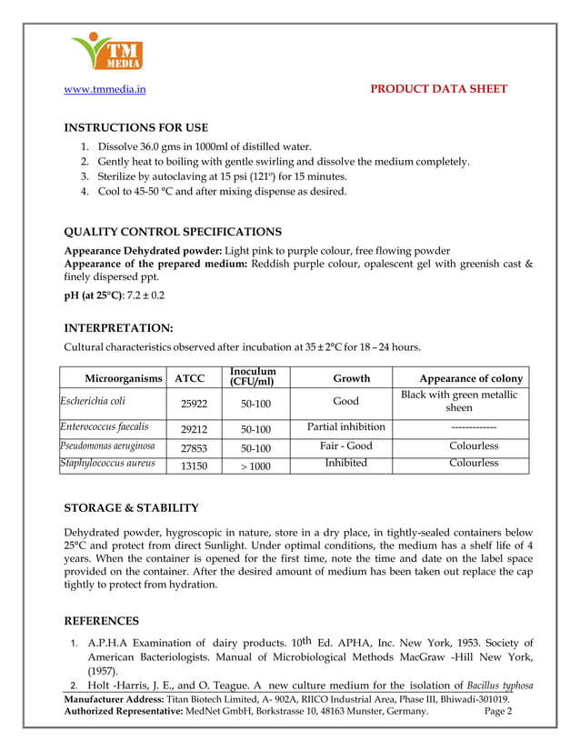 Tm 336 emb agar data sheet | PDF