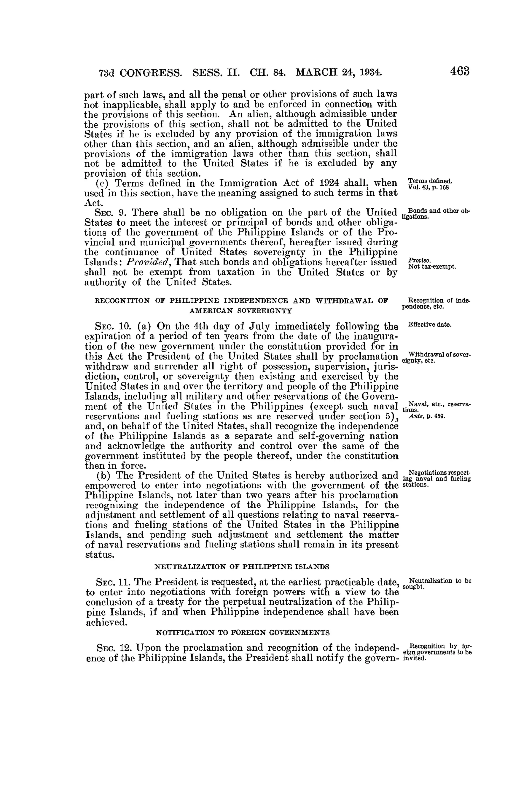 THE TYDINGS-MCDUFFIE ACT OF 1934 | PDF