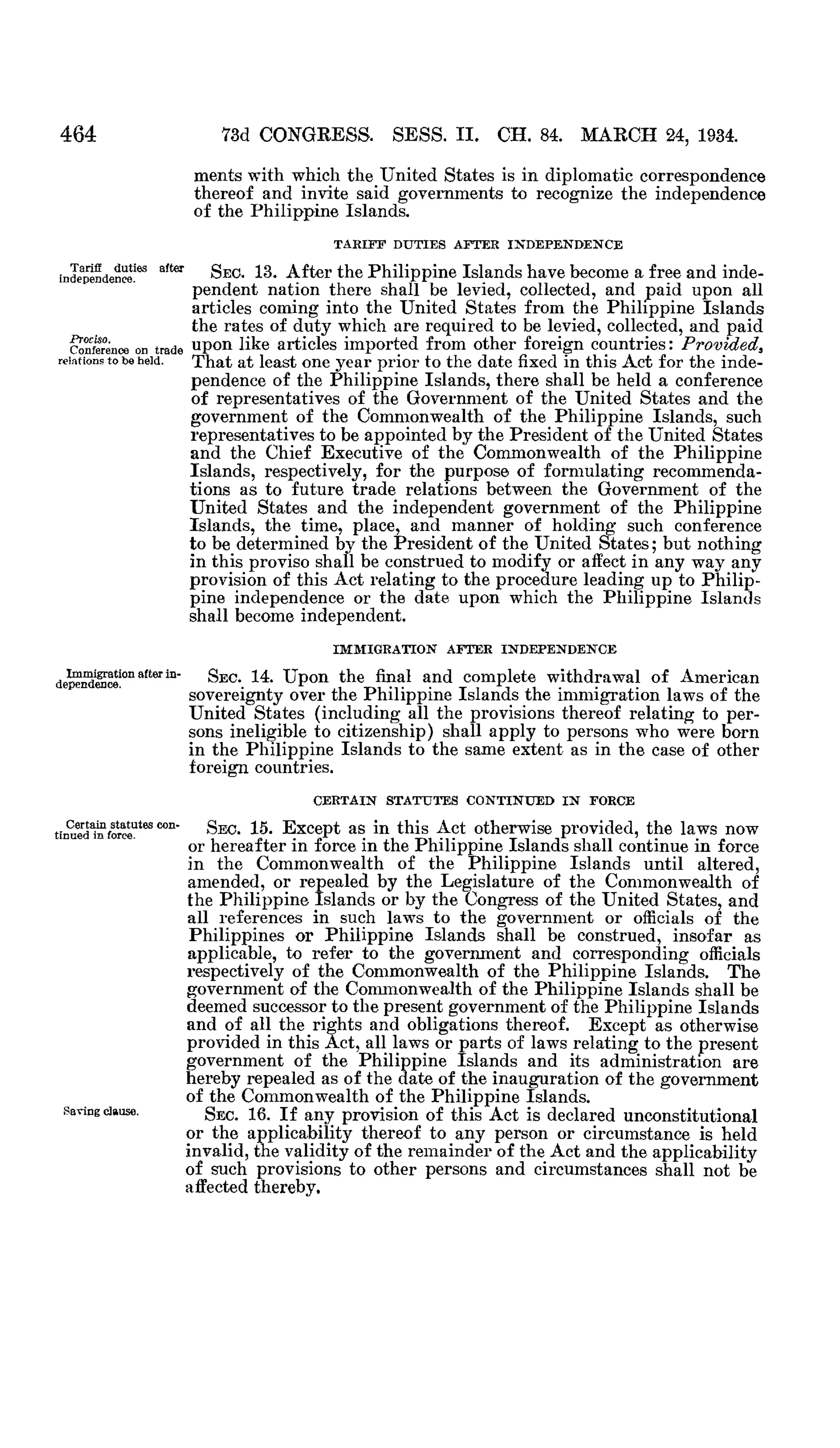 THE TYDINGS-MCDUFFIE ACT OF 1934 | PDF