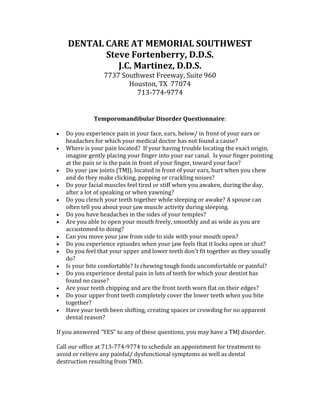 TMJ Disorder Questionnaire | DOCX