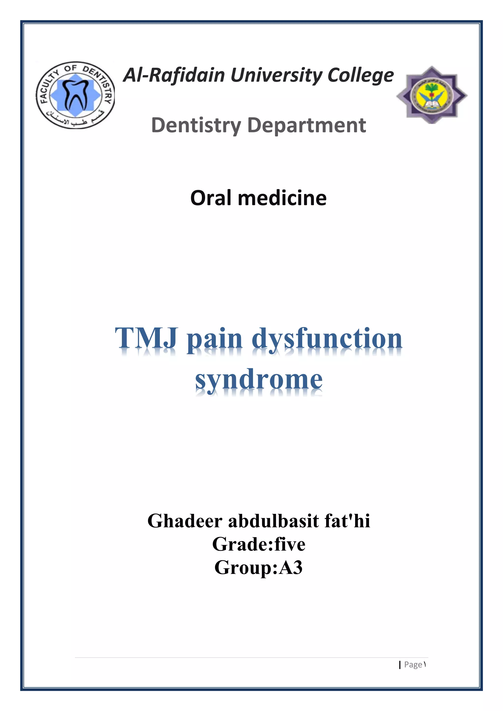 Tmj pain dysfunction syndrome ( oral medicine ) | PDF