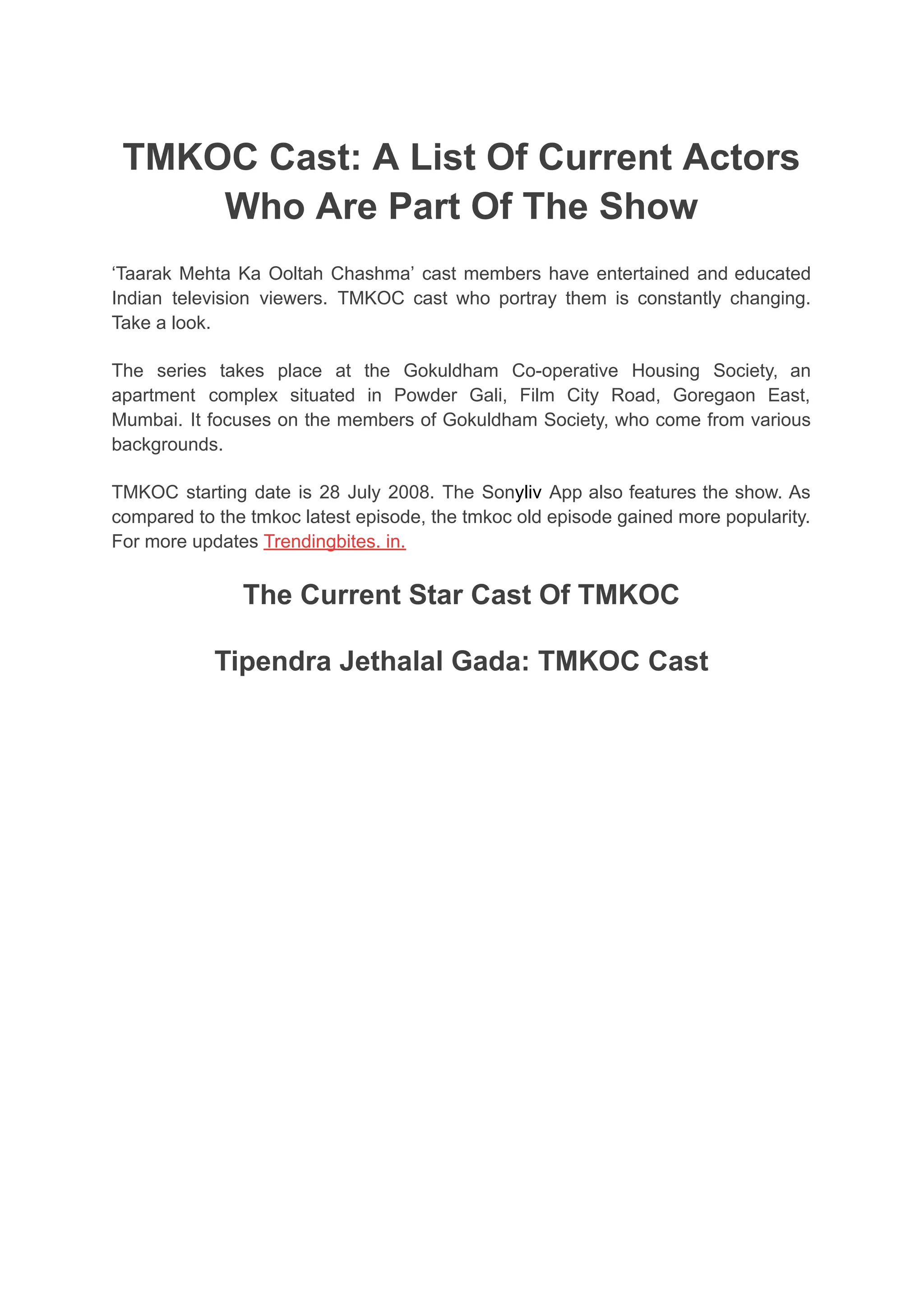 TMKOC Cast A List Of Current Actors Who Are Part Of The Show.pdf