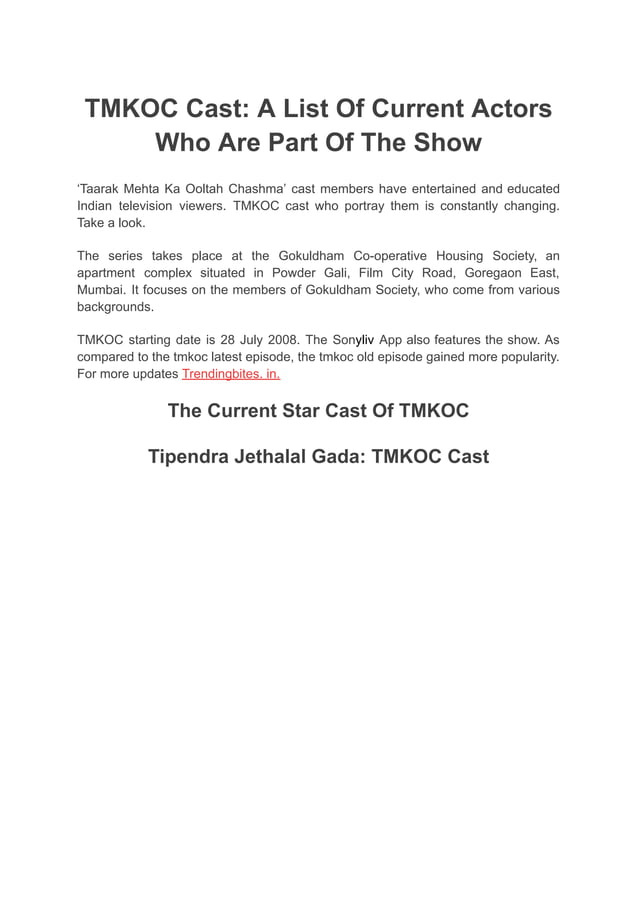 TMKOC Cast A List Of Current Actors Who Are Part Of The Show.pdf