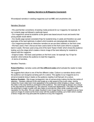 Applying narrative to a2 magazine coursework | DOCX | Music | Entertainment