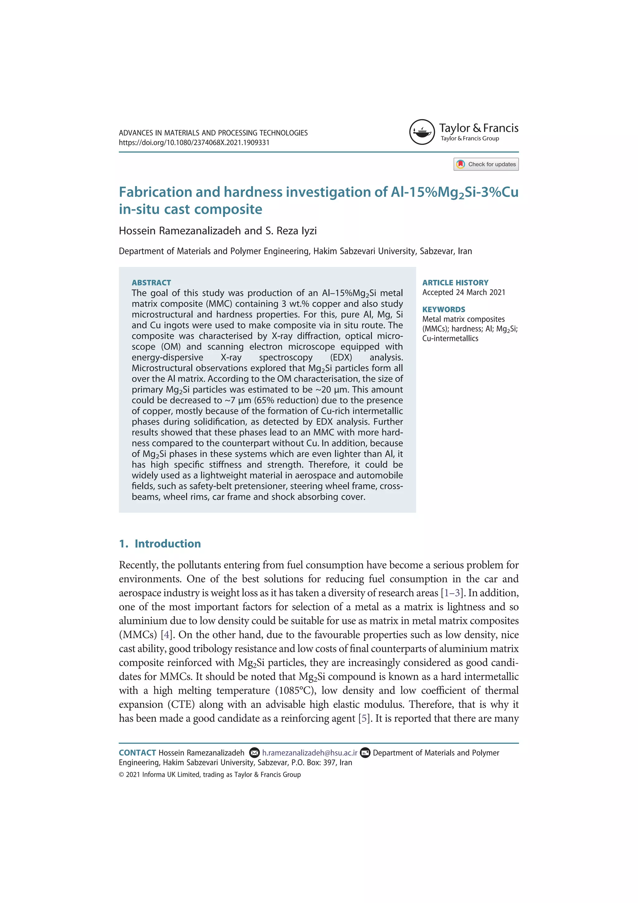 Fabrication and hardness investigation of Al-15%Mg2Si-3%Cu in-situ cast ...