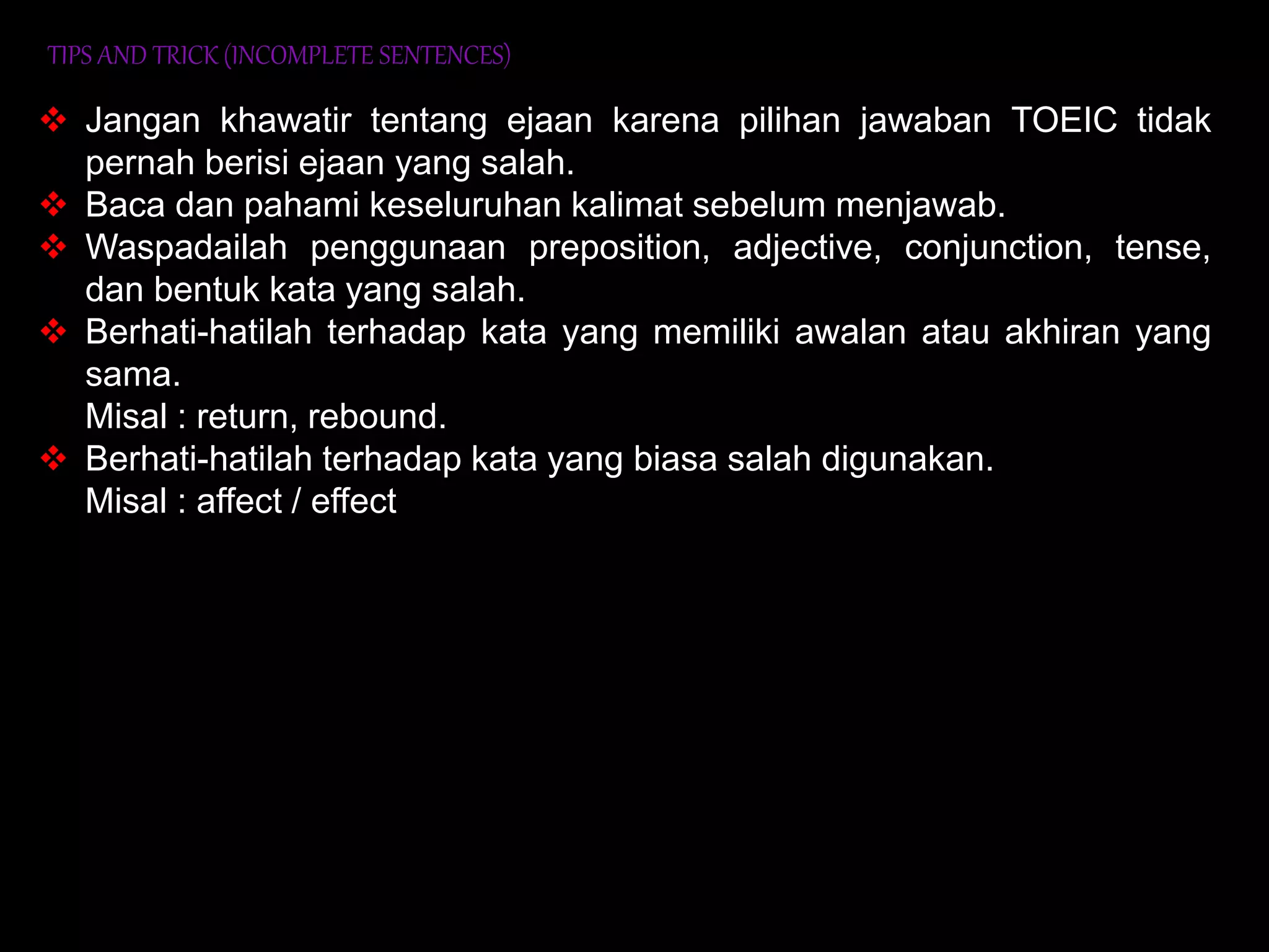 BAGIAN-BAGIAN TOEIC (LISTENING AND READING COMPREHENSION) | PPTX