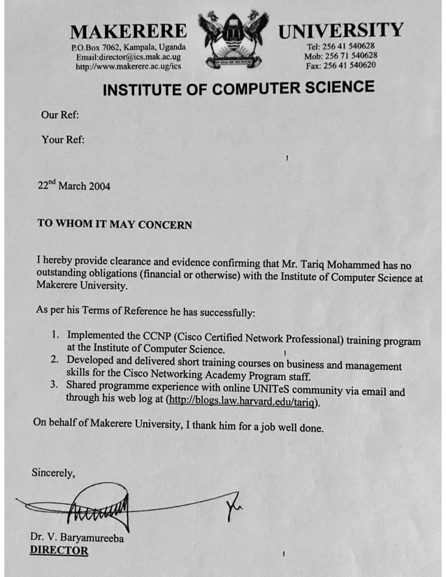 Makerere University Institute of Computer Science Recommendation Letter ...