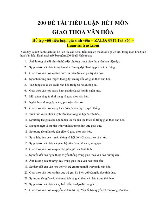 Tổng Hợp 200 Đề Tài Tiểu Luận Hết Môn Giao Thoa Văn Hóa, Mới Nhất | DOCX