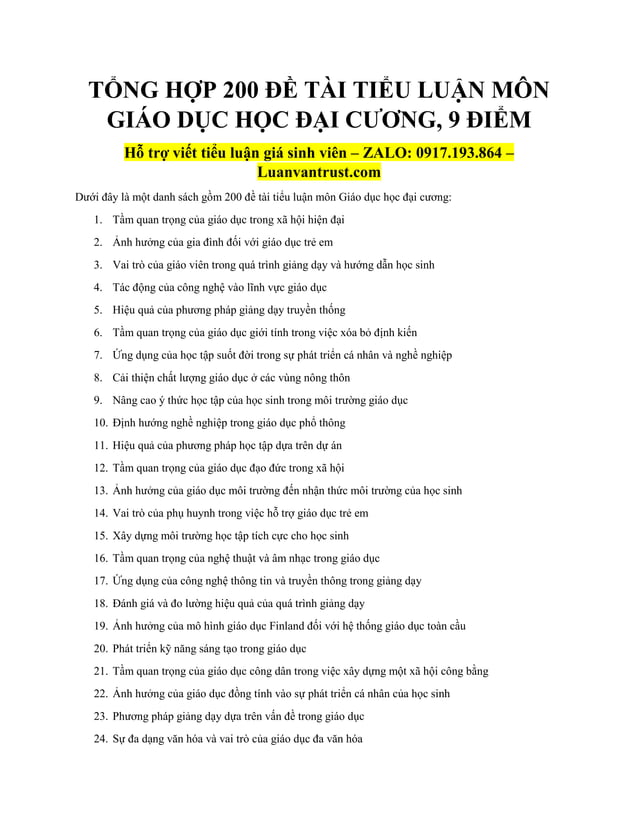 Tổng Hợp 200 Đề Tài Tiểu Luận Môn Giáo Dục Học Đại Cương, 9 Điểm | DOCX