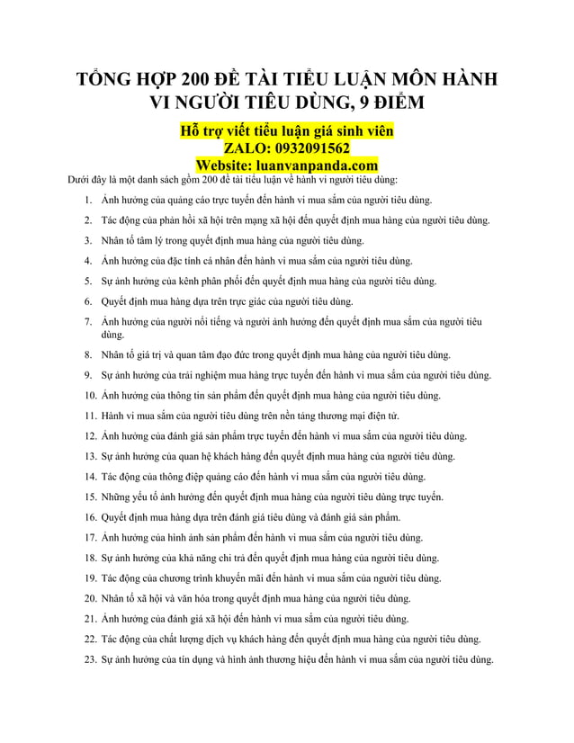Tổng Hợp 200 Đề Tài Tiểu Luận Môn Hành Vi Người Tiêu Dùng, 9 Điểm | DOCX
