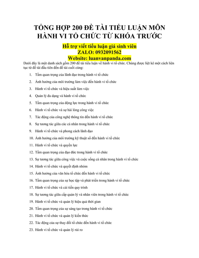 Tổng Hợp 200 Đề Tài Tiểu Luận Môn Hành Vi Tổ Chức, Từ Khóa Trước | DOCX