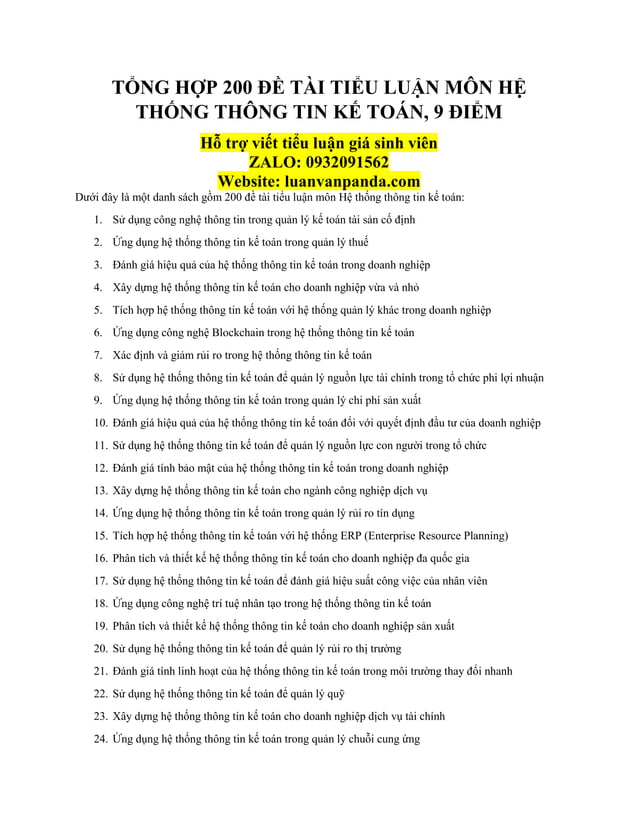 Tổng Hợp 200 Đề Tài Tiểu Luận Môn Hệ Thống Thông Tin Kế Toán, 9 Điểm | DOCX
