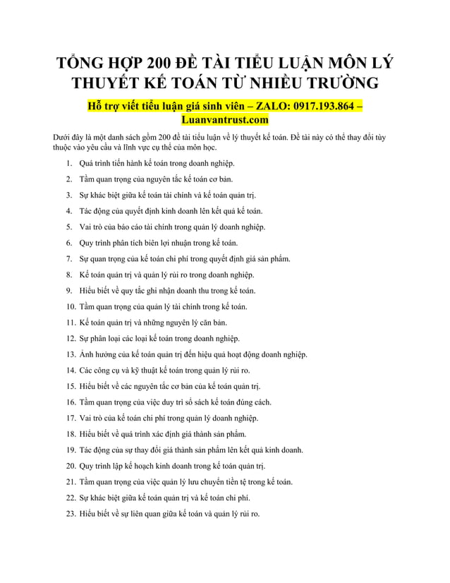 Tổng Hợp 200 Đề Tài Tiểu Luận Môn Lý Thuyết Kế Toán Từ Nhiều Trường | DOCX