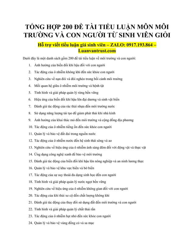 Tổng Hợp 200 Đề Tài Tiểu Luận Môn Môi Trường Và Con Người Từ Sinh Viên Giỏi | DOCX
