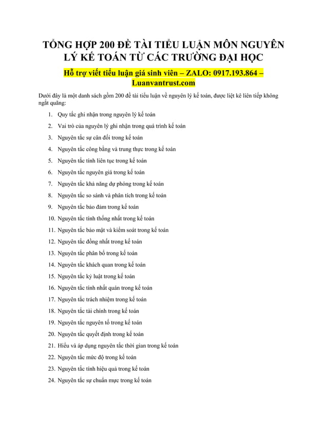 Tổng Hợp 200 Đề Tài Tiểu Luận Môn Nguyên Lý Kế Toán Từ Các Trường Đại Học | DOCX