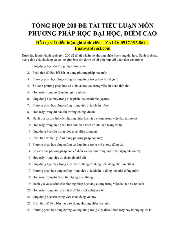 Tổng Hợp 200 Đề Tài Tiểu Luận Môn Phương Pháp Học Đại Học, Điểm Cao | DOCX